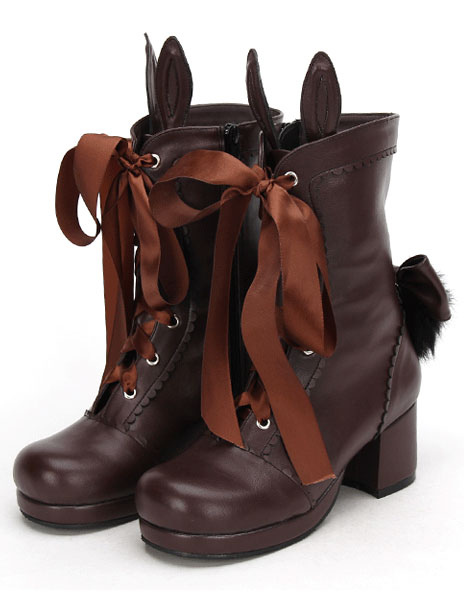 ロリータブーツ　ブラウン　チャンキーヒール　丸いつま先　8cm　PU　兎の耳