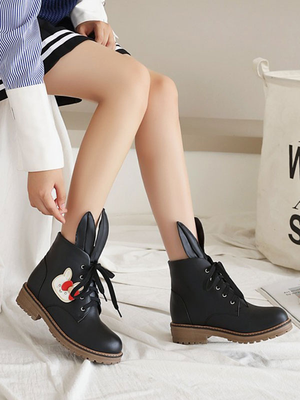 クラシックロリータブーツアプリコットラウンドトゥウサギPUレザー