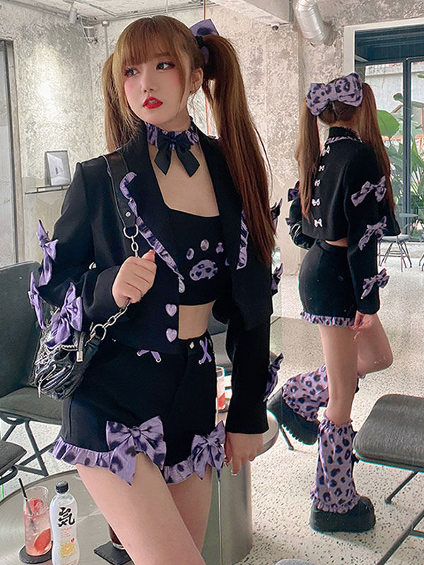 甘いロリータ衣装パープルボウフリルボウ長袖オーバーコートパンツチョーカー3点セット