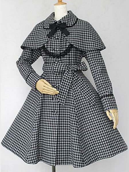 ロリィタアウターウェア　コート　クラシック＆トラディション　格子縞　綿混紡　ブラック　折り襟　長袖