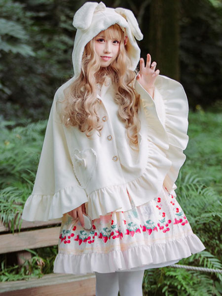 ロリィタケープ ウサギ柄 ホワイト スウィート リボン フリル ウサギ