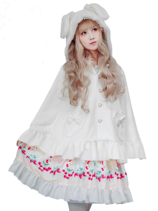 ロリィタケープ ウサギ柄 ホワイト スウィート リボン フリル ウサギ