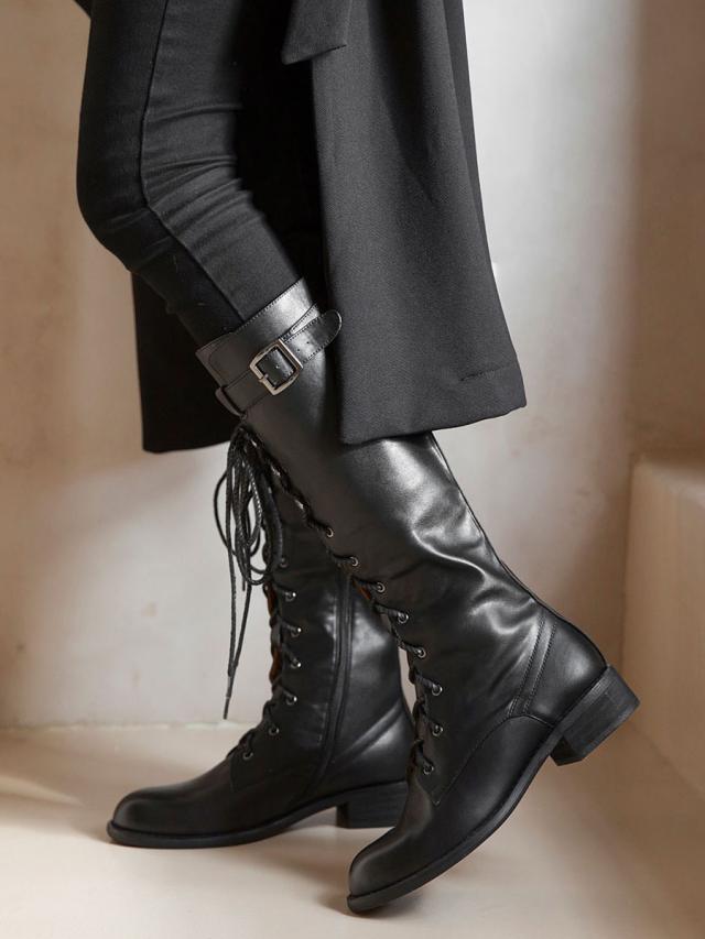 ロングブーツ ラウンドトゥ レディースブーツ パピーヒール ブラック  牛革 シューズ 3.5cm バックル 無地 レースアップ