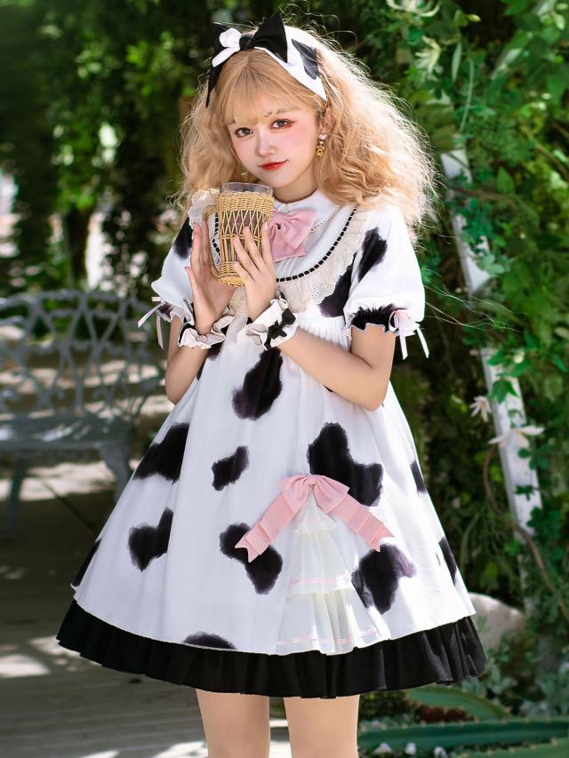 甘いロリータOPドレス白い牛柄ポリエステル半袖甘いロリータワンピースドレス