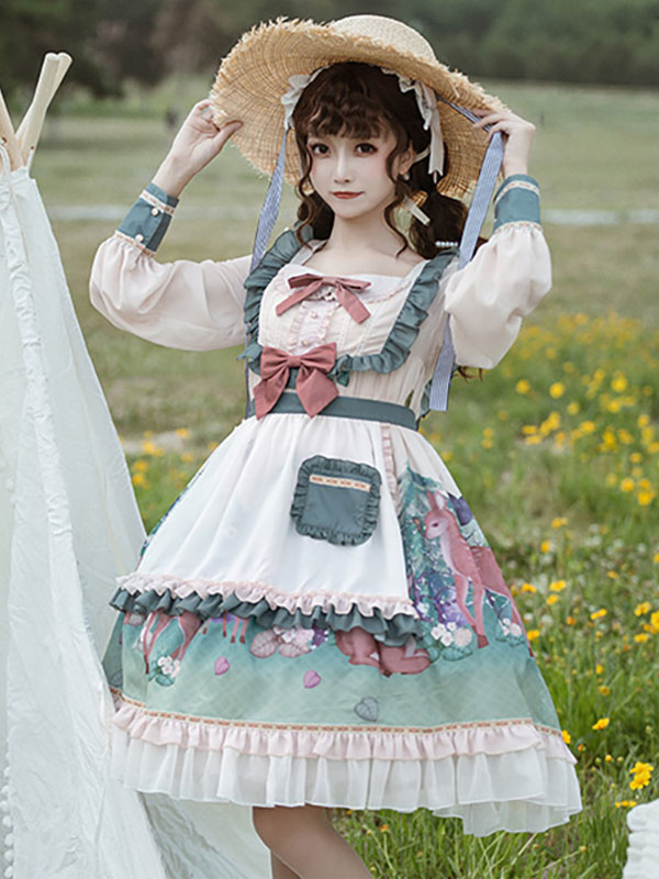甘いロリータOPドレスポリエステル長袖フリル弓甘いロリータワンピースドレス