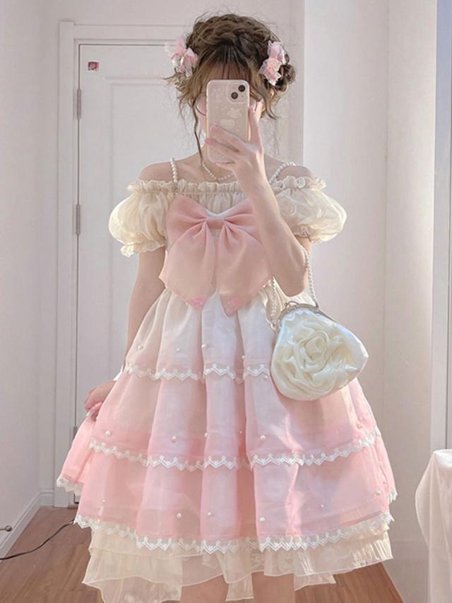 甘いロリータドレスポリエステル半袖ドレス