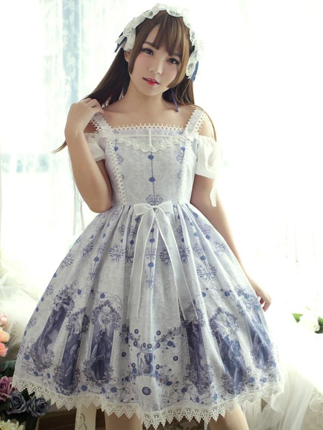 ロリィタドレス　ロココ調　スクエアネック　ポリエステル　プリント柄　お茶会