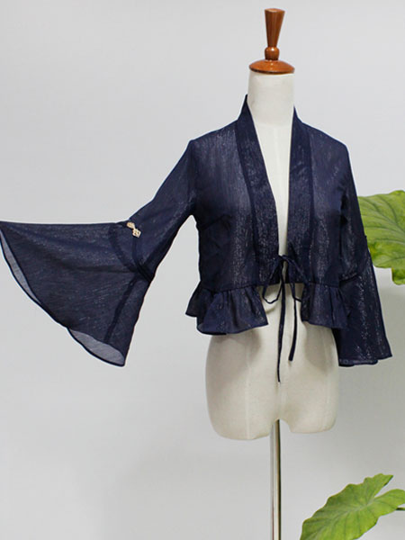 ロリィタコート　アウターウェア　プリーツ　ダークネイビー　シフォン　チャイナスタイル　長袖　ノッチネック　無地