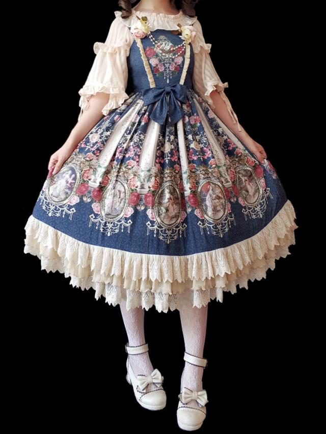 クラシックロリータJSKドレスInfantaロイヤルミュウラレイヤードフリルレーストリムプリーツボウシフォンロリータジャンパスカー