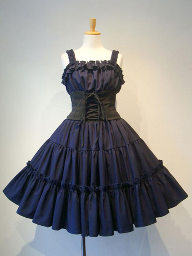 ゴシックロリータJSKドレスブラックノースリーブフリルロリータジャンパースカート