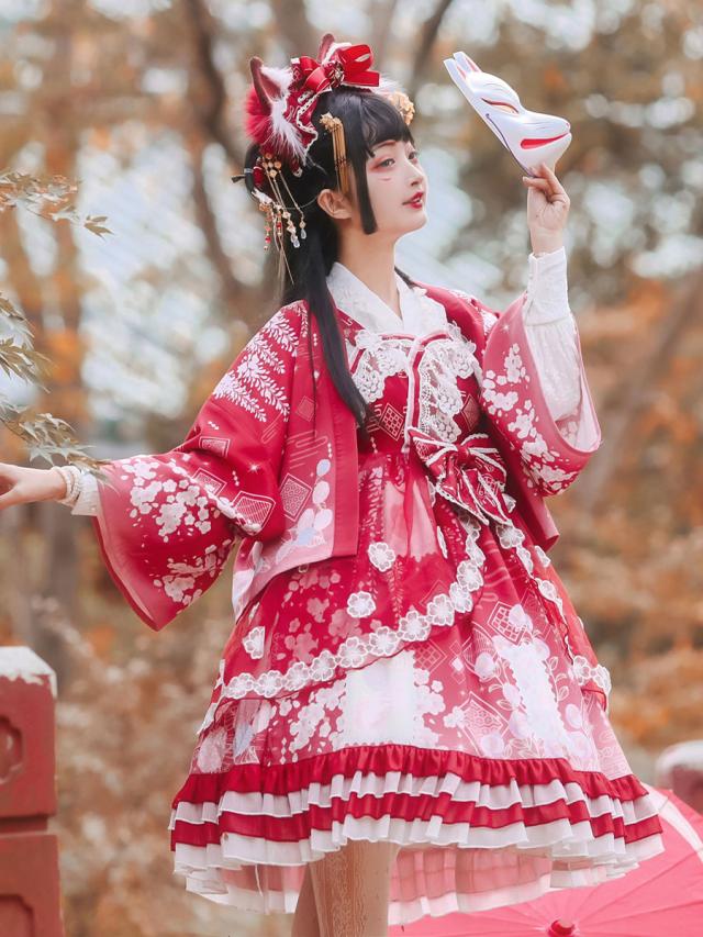 ワロリータJSKドレスフローラルプリント着物ロリータドレス弓花赤ロリータジャンパースカート