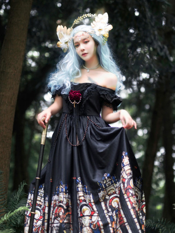 ブラックゴシックロリータJSKドレスネバーランドフローラルプリント