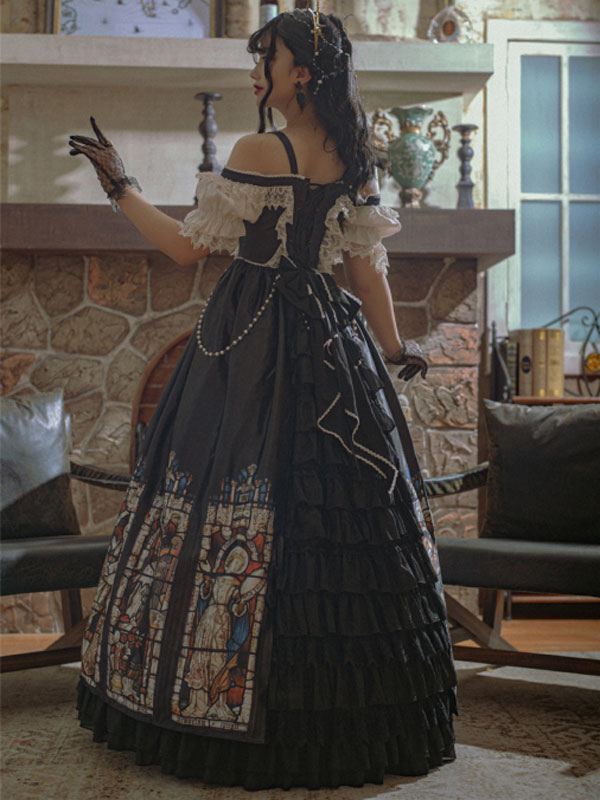 ブラックゴシックロリータJSKドレスネバーランドフローラルプリント