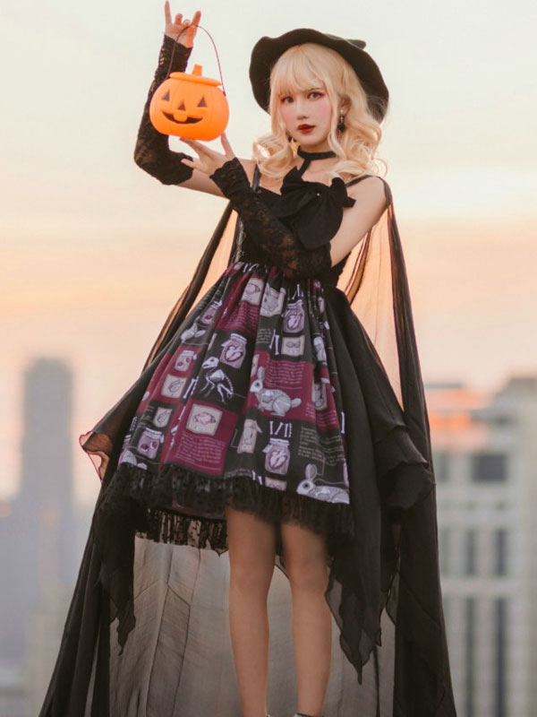 甘いロリータJSKドレスネバーランドフローラルプリントカスケードフリルボウポリエステルマホガニーロリータジャンパースカート