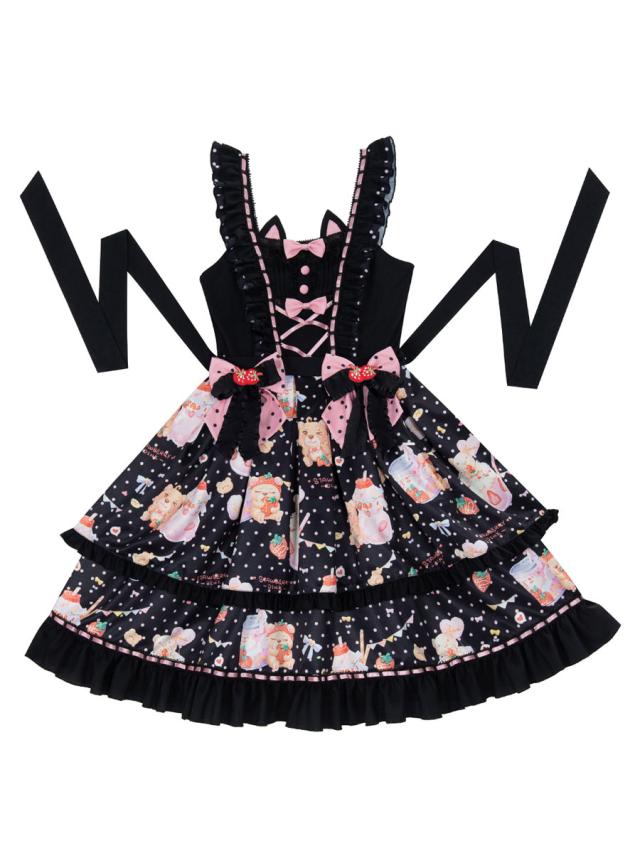 甘いロリータJSKドレス3ピースセット黒ノースリーブレースアップ