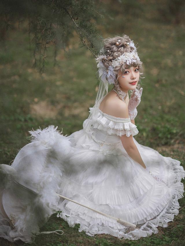 甘いロリータJSKドレスホワイトノースリーブポリエステルフリルレース