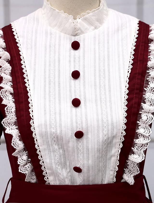ワインレッド コットン ワンピース ロリィタ服 半袖 レーストリム