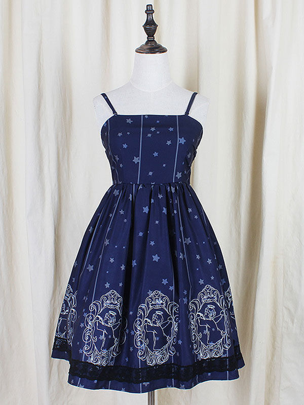 ロリィタドレス ディープブルー プリント柄 レース 可愛い