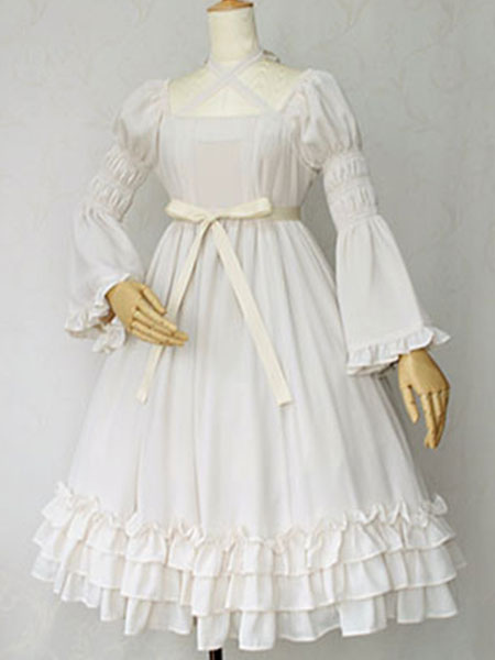 ロリィタファッション　袖ありのワンピース　アイボリー　スウィート　飾り付き襟　長袖　コットン　カジュアル　無地