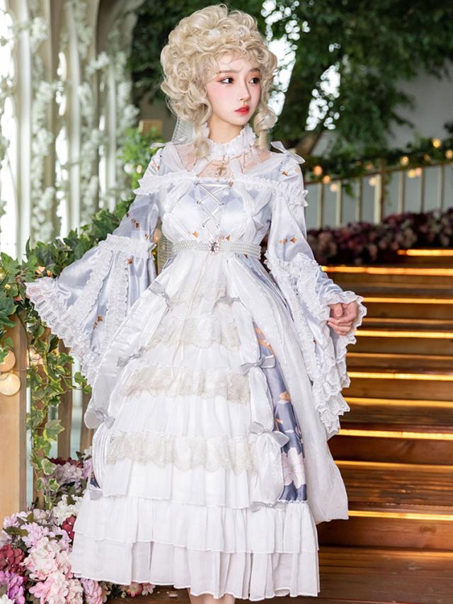 古典的なロリータOPドレスフルセットクロスリリー花柄プリントロリータワンピースドレスAcc