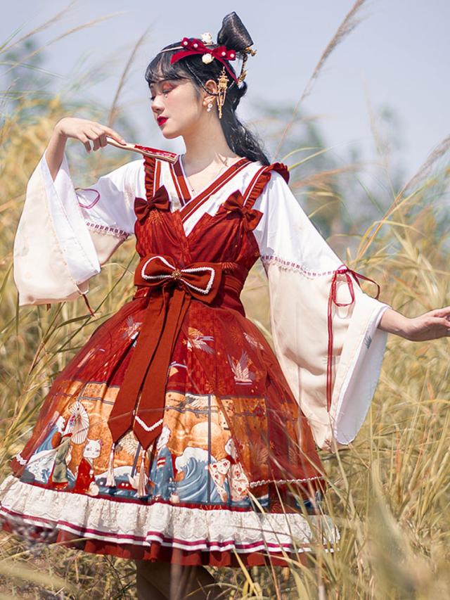 中華風ロリータOPワンピース浮世猫プリント長袖ロリータワンピース