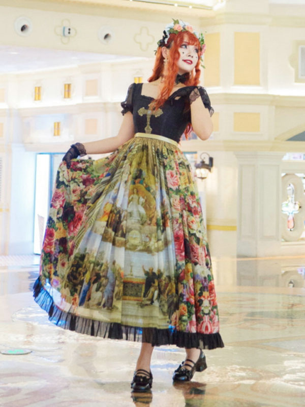 甘いロリータOPドレスネバーランドフローラルプリントスリーブブラックボウカスケードフリルロリータドレス