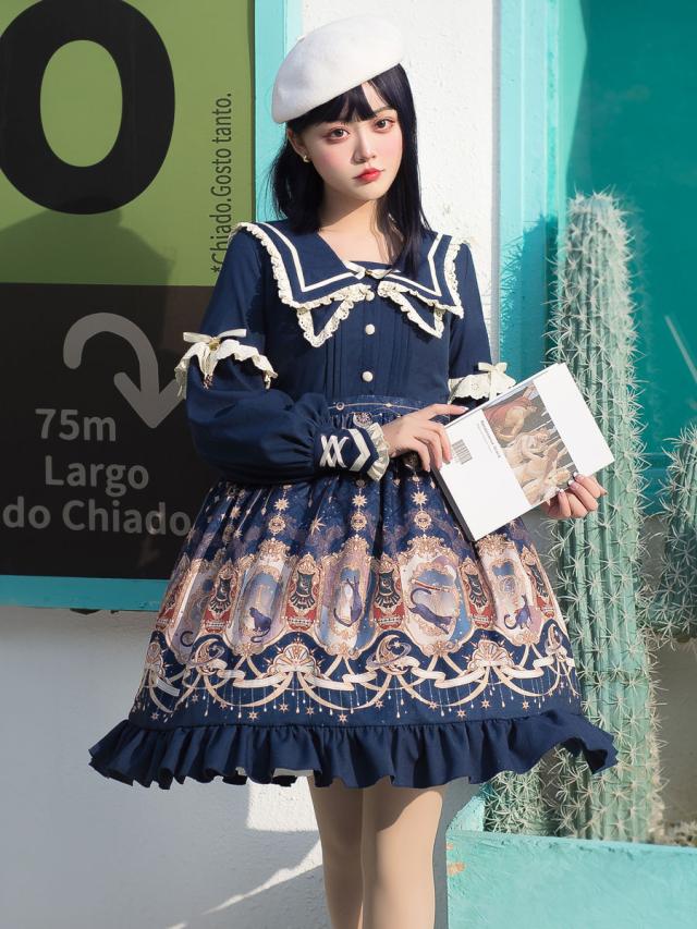 甘いロリータOPドレスネイビーブルーメタルディテールボウノットポリエステルロリータワンピースドレスロリータジャンプスカート