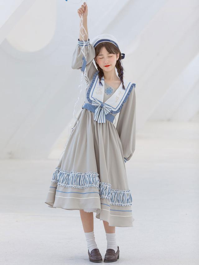 アカデミックロリータOPドレスライトグレーフリルボウノットツートンカラー長袖セーラーカラーロリータワンピースドレス