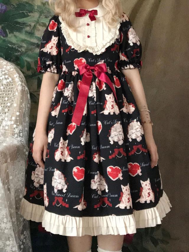 スウィートロリータオプトドレスブラックポリエステルキャットパターンフリル夏ロリータワンピースドレス
