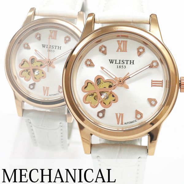 自動巻き腕時計 クローバー ラインストーンインデックス ピンクゴールドケース 革ベルト 機械式腕時計 WSA006-WHWH レディース腕時計 ...