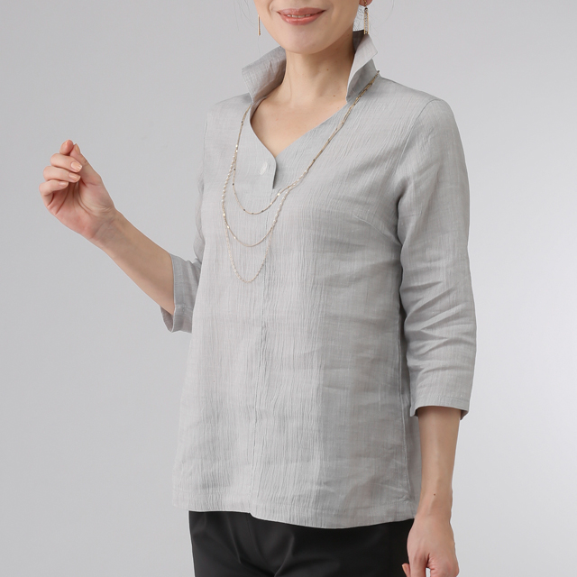 近江ちぢみ麻100％スキッパーブラウス  (日本製 レディース 女性用 婦人用 清涼感) ギフト