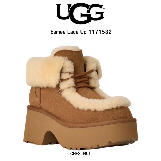 UGG(アグ)レディース エスミー レースアップ ブーツ ブーティ シューズ 厚底 ヒール 折り返し スエード シープスキン ふわふわ W Esmee Lace Up 1171532