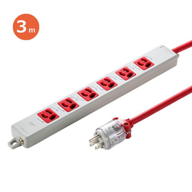 代引不可 電源タップ 医用ホスピタルグレードプラグ採用のマグネット付抜け止め電源タップ 3P 6個口 レッド 3m サンワサプライ TAP-HPM6-3R