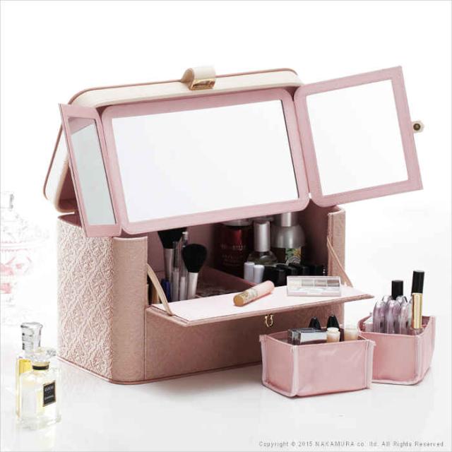 北海道・沖縄・離島配送不可 代引不可 コスメボックス バニティケース 三面鏡付き カスタマイズできるとっておきのメイクボックス ワイド コスメケース バニティボックス メイクBOX 化粧箱 コスメ収納 アラベスク ナカムラ A0800013