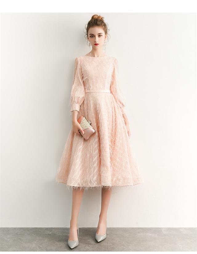 春新作 パーティドレス ワンピ ミディアムドレス ミドル丈 長袖 ピンク 小さい~大きいサイズ 日常 結婚式 二次会 発表会 イベント D043