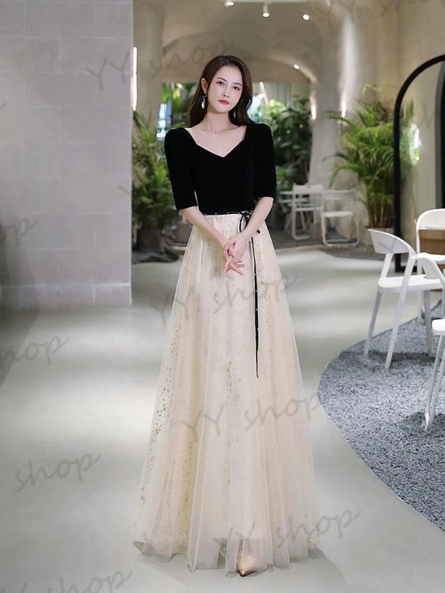 SALL ブラック ベロア ロングドレス パーティドレス ワンピ 5分袖 Vネック 黒 二次会 発表会 小さい~大きいサイズ オーダーサイズ可 D145