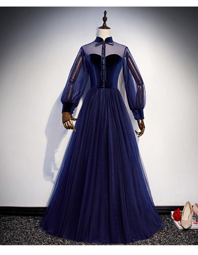 復古調 ロングドレス パーティドレス ワンピ ナイトドレス 長袖 立襟 青 ブルー 小さいサイズ~大きいサイズ 二次会 発表会 撮影 D210