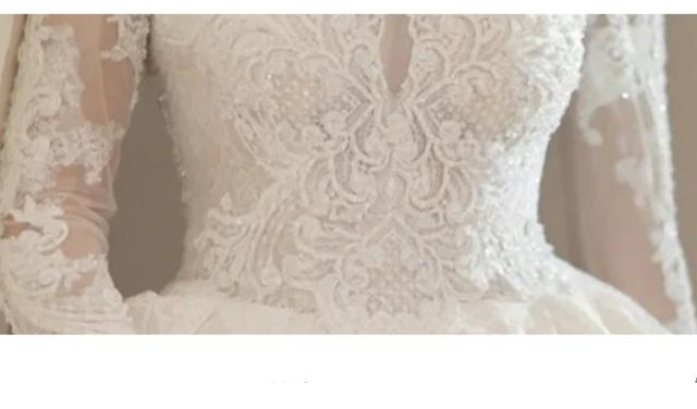 豪華 レース ウェディングドレス Aライン 7分袖 Vネック パニエ ベール