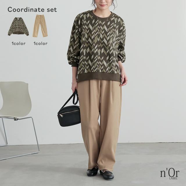 【送料無料】『幾何学柄ジャカードカットソー×微起毛ワンタックテーパードパンツコーデ2点SET』【メール便不可】【30】[2点コーデセット 2025 レディース トップス カットソー ジャカード ボトムス テーパードパンツ]【メール便不可】【30】