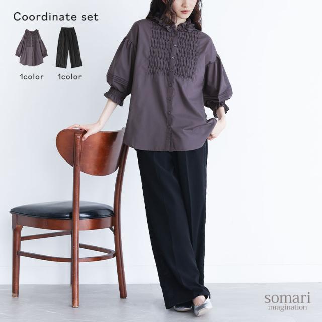 【送料無料】『フリルフードブラウス×脇レースパンツコーデ2点SET』【メール便不可】【30】[2点コーデセット 2025 レディース ブラウス シャツ トップス フリル フード パンツ ボトムス ワイド ストレート オシャレウォーカー]