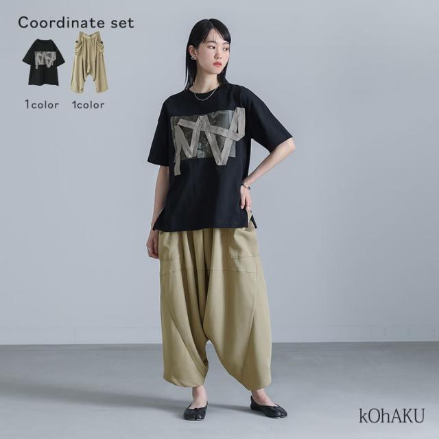 【送料無料】『ランダムテーププリントカットソー×変形ドレープサルエルパンツコーデ2点SET』【メール便不可】【20】[2点コーデセット 2025 レディース カットソー 半袖 トップス ボトムス パンツ ロングパンツ]