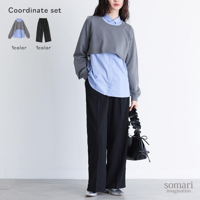 【送料無料】『シャツドッキングニットプルオーバー×脇レースパンツコーデ2点SET』【メール便不可】【30】[2点コーデセット 2025 レディース ニット トップス 長袖ニット パンツ ボトムス 長ズボン ワイドパンツ]