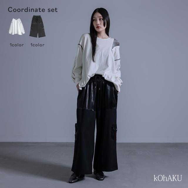 【送料無料】『シアー切替カットソー×異素材デザインワイドパンツコーデ2点SET』【メール便不可】【20】[2点コーデセット 2024 レディース Tシャツ カットソー トップス 長袖 ワイドパンツ ボトムス パンツ]