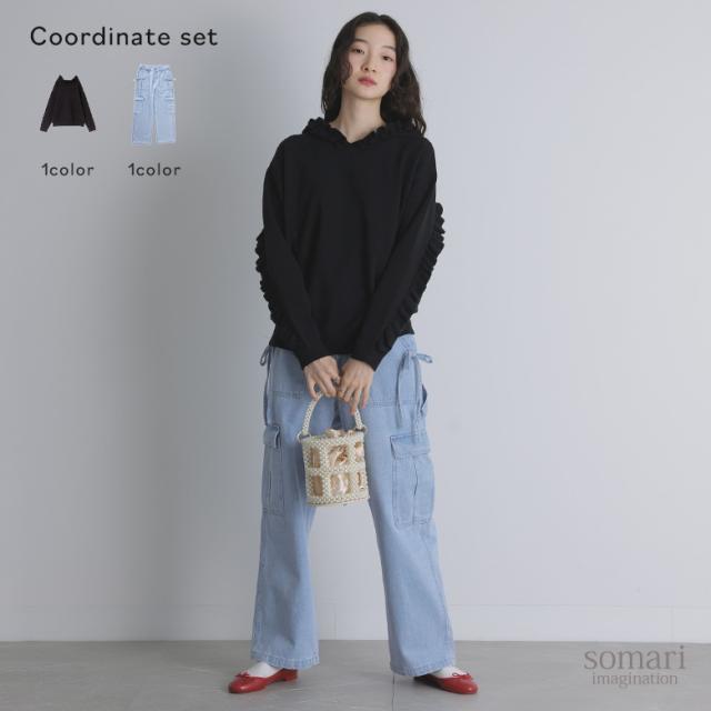 【送料無料】『フリルフードニットプルオーバー×リボン付きデニムペインターパンツコーデ2点SET』【メール便不可】【50】[2点コーデセット 2024 レディース ニット 長袖 トップス セーター パンツ デニム ジーンズ]