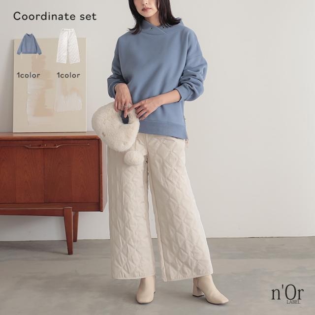 【送料無料】『裏起毛フード風襟プルオーバー×キルティングパンツ コーデ2点SET』【メール便不可】【60】[2点コーデセット 2024 レディース トップス カットソー プルオーバー ボトムス パンツ ワイドパンツ]