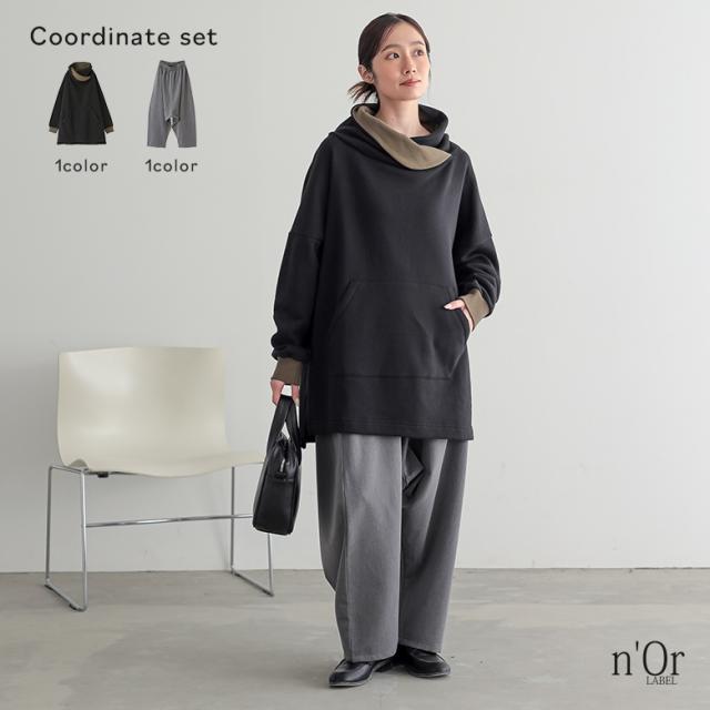 【送料無料】『配色スタンドネック裏起毛チュニック×サルエルパンツコーデ2点SET』【メール便不可】【60】[2点コーデセット 2025 レディース トップス トレーナー スウェット サルエルパンツ ロング ボトムス ]