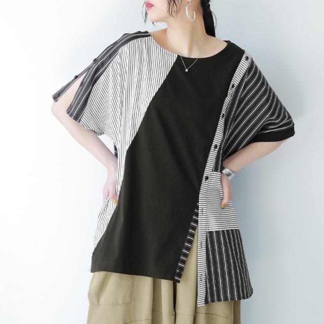 【送料無料】『MODEさ溢れる着こなしが叶うコーデ2点SET』 【メール便不可】【20】[2024 レディース 2点セット 春夏 Tシャツ 半袖 アレンジ 変形デザイン 異素材 サルエルパンツ クロップド丈 chz0683]※返品・交換不可※