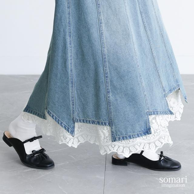【送料無料】『レースペチ付きアシメ切替デニムスカート』 【メール便不可】【30】[デニムスカート ロング レディース ボトムス マキシ丈 レース ペチコート アシンメトリー 変形 3way shs0346]