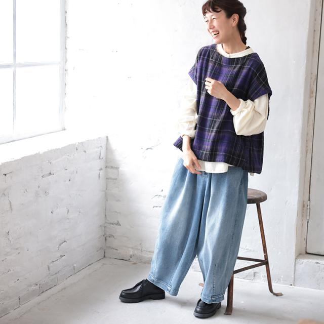 《通常販売START！》あしたのふく 夜長のチェックなベスト レディース プルオーバー ノースリーブ フレンチスリーブ トップス