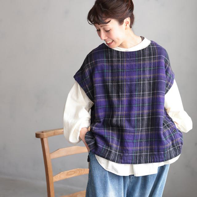 《通常販売START！》あしたのふく 夜長のチェックなベスト レディース プルオーバー ノースリーブ フレンチスリーブ トップス